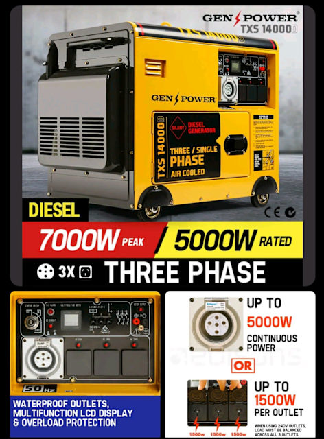 GENPOWER Diesel Generator 3 Three Single Phase Max 7kW Rated 5kW ...