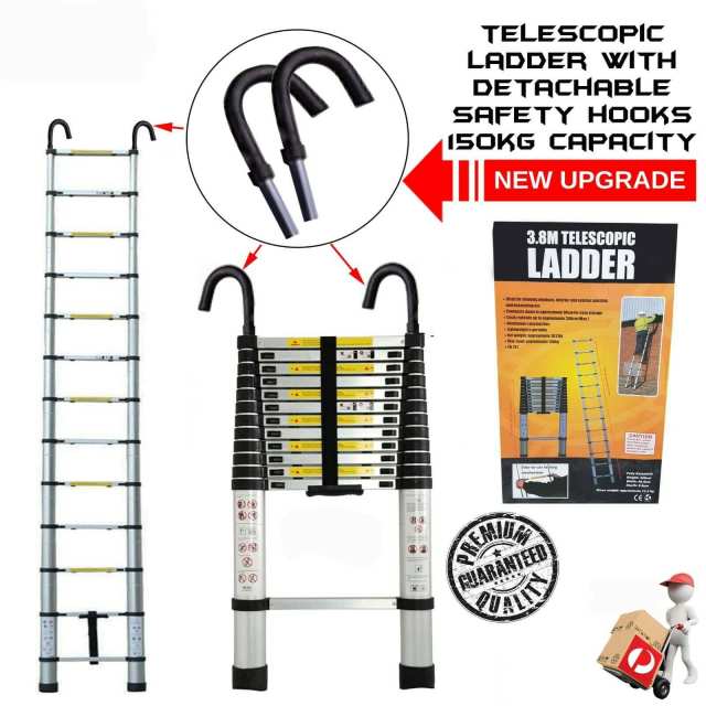 New 3.8M Telescopic Extendable Aluminium Ladder with Safety Hook ...