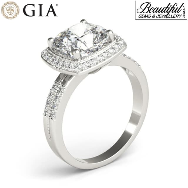 2 Carats Cushion Diamond Halo Double Row Ring in 18K White Gold | Women ...