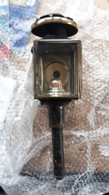 PAIR VINTAGE BRASS HORSE DOWN CARRIAGE LAMPS COACH LIGHT RAYDOT Patent ...