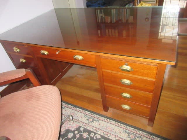 Vintage solid jarrah desk 1680 wide x 1050 high removable glass top ...
