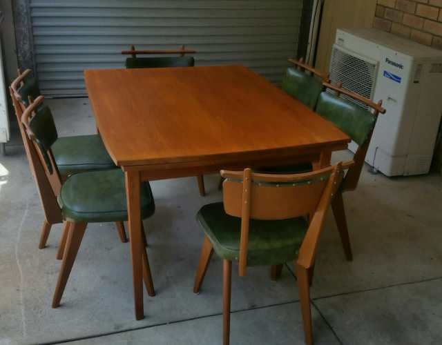 Extendable Timber Dinning Table including 6 Chairs Wood w/- Vinyl Trim ...
