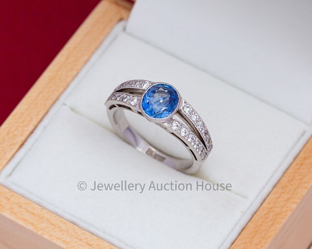 LADIES CEYLON-TYPE SAPPHIRE AND DIAMOND RING 18CT WG - Women's ...