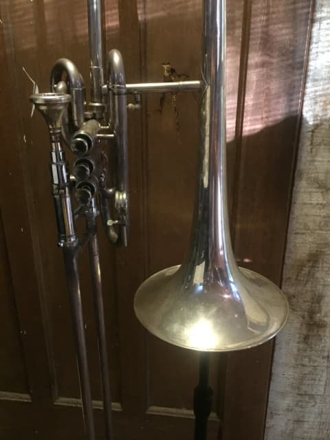 Holton Superbone. Valve trombone, integrated slide. Rare silver plate ...
