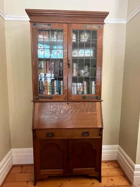 Antique Oak Arts and Crafts Bookcase + Desk, Lockable Lead Glass Doors ...