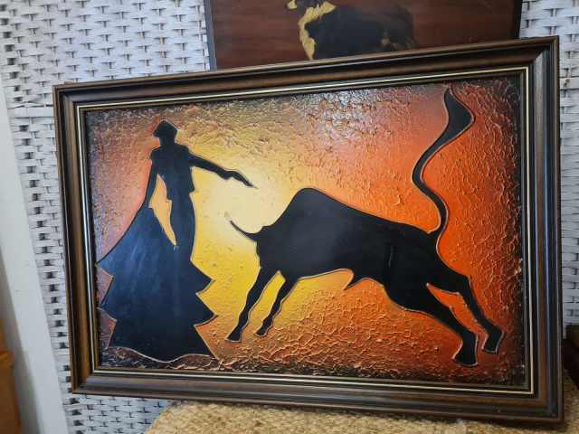 vintage textured print frame wall Spanish Matador bull fighting ...