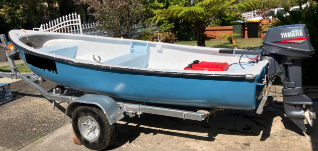 Dinghy Fibreglass 3.7m with 8hp Yamaha outboard + Galvanised Trailer ...