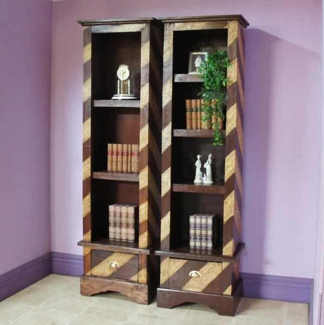 Pair of Rustic Solid Wood Oriental Tall Bookcases Bookshelves ...