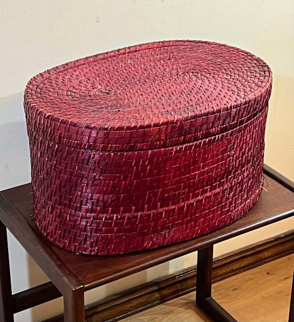 Retro red woven rattan hat box sewing box storage decor boho style bas ...