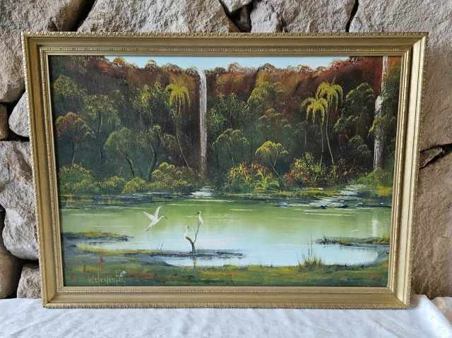 Original Oil Painting Wayne Clements Wetlands Herons Waterfall - Art in ...