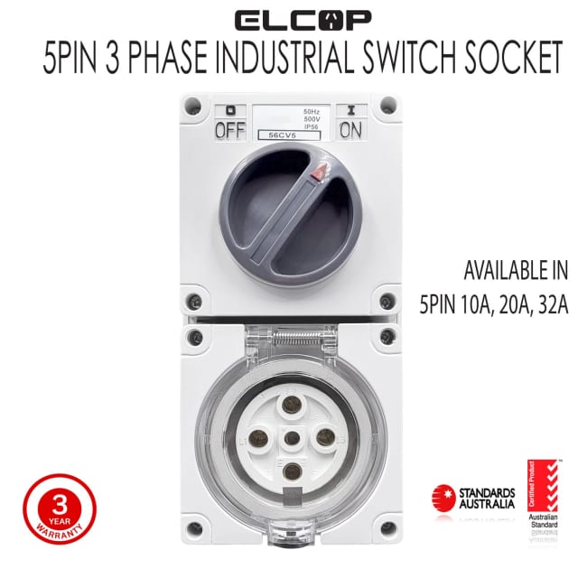 Elcop 5PIN 3 Phase IP66 500V AC Switched Socket Outlets 500V AC ...