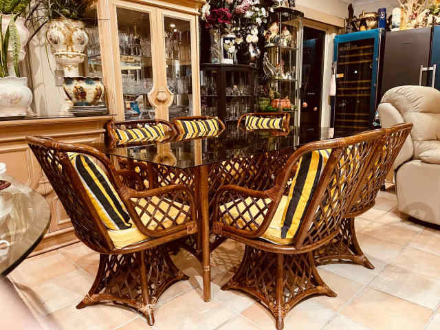 Vintage Cane Dining Setting: Glass Top Table with 6 Swivel Armchairs ...