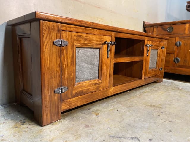 Nearly new dark rustic style solid hardwood TV unit with 2 cabinets ...