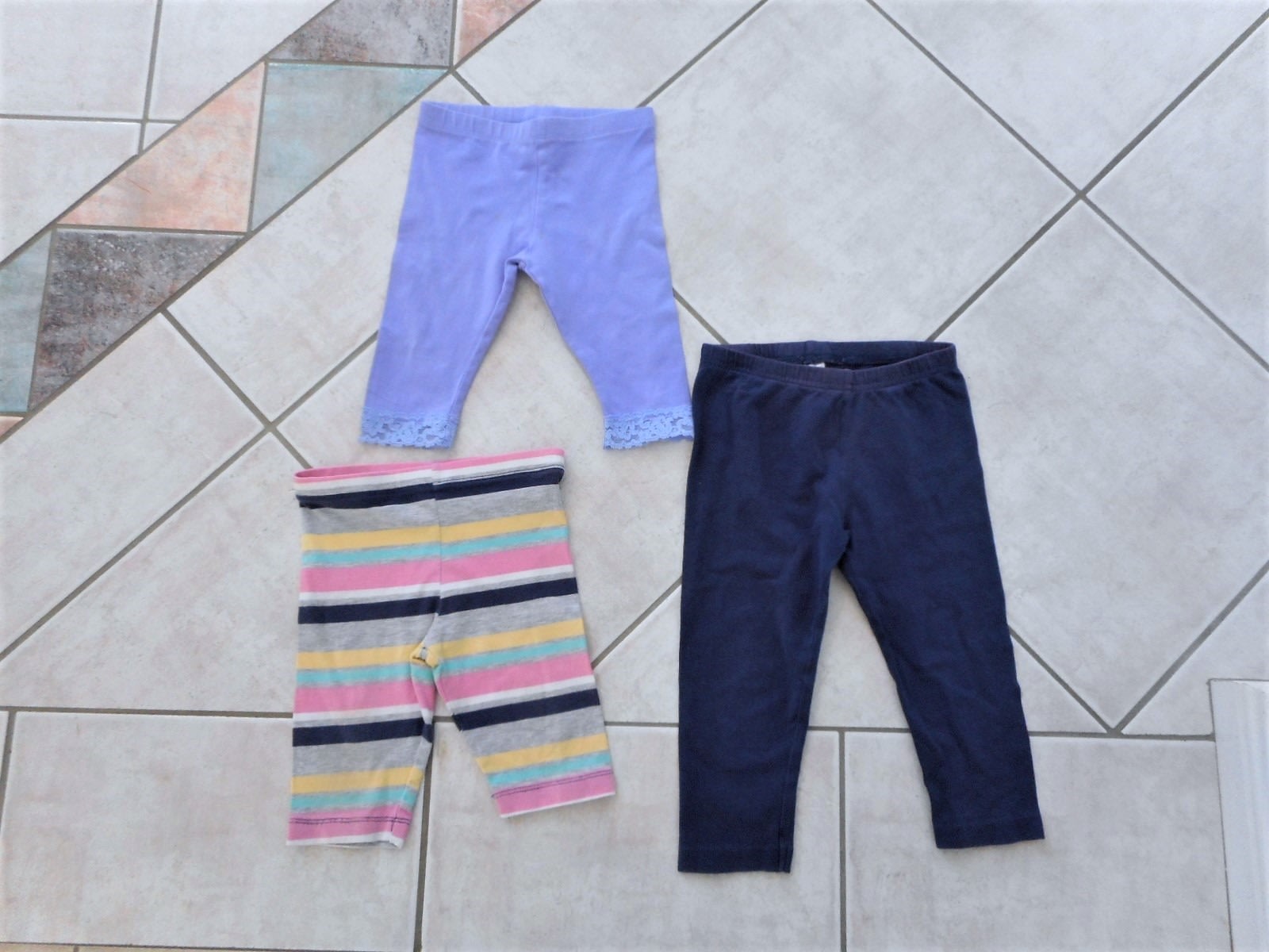 3 x Girls Leggings Size 1 - 2 Stripes Blue Pale Purple with Lace - Baby ...