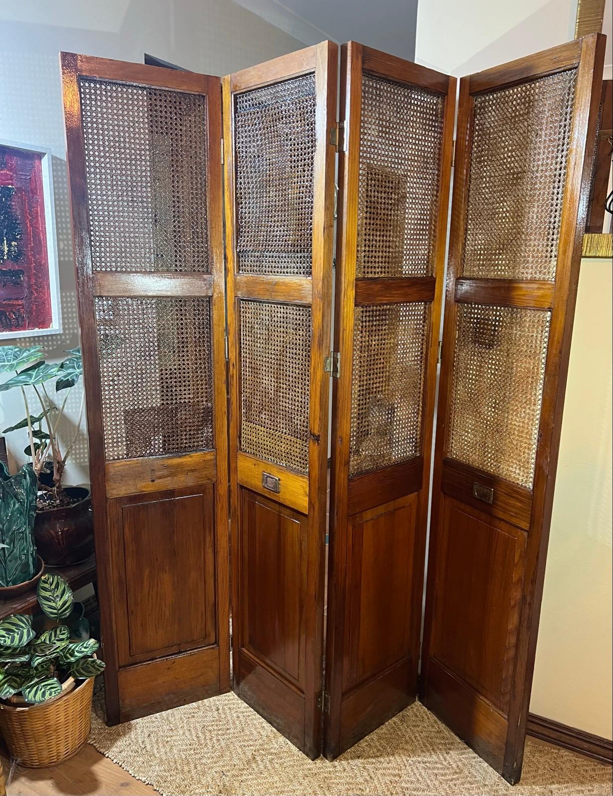 Vintage teak coloured wooden rattan 4 panel room divider screen Retro ...