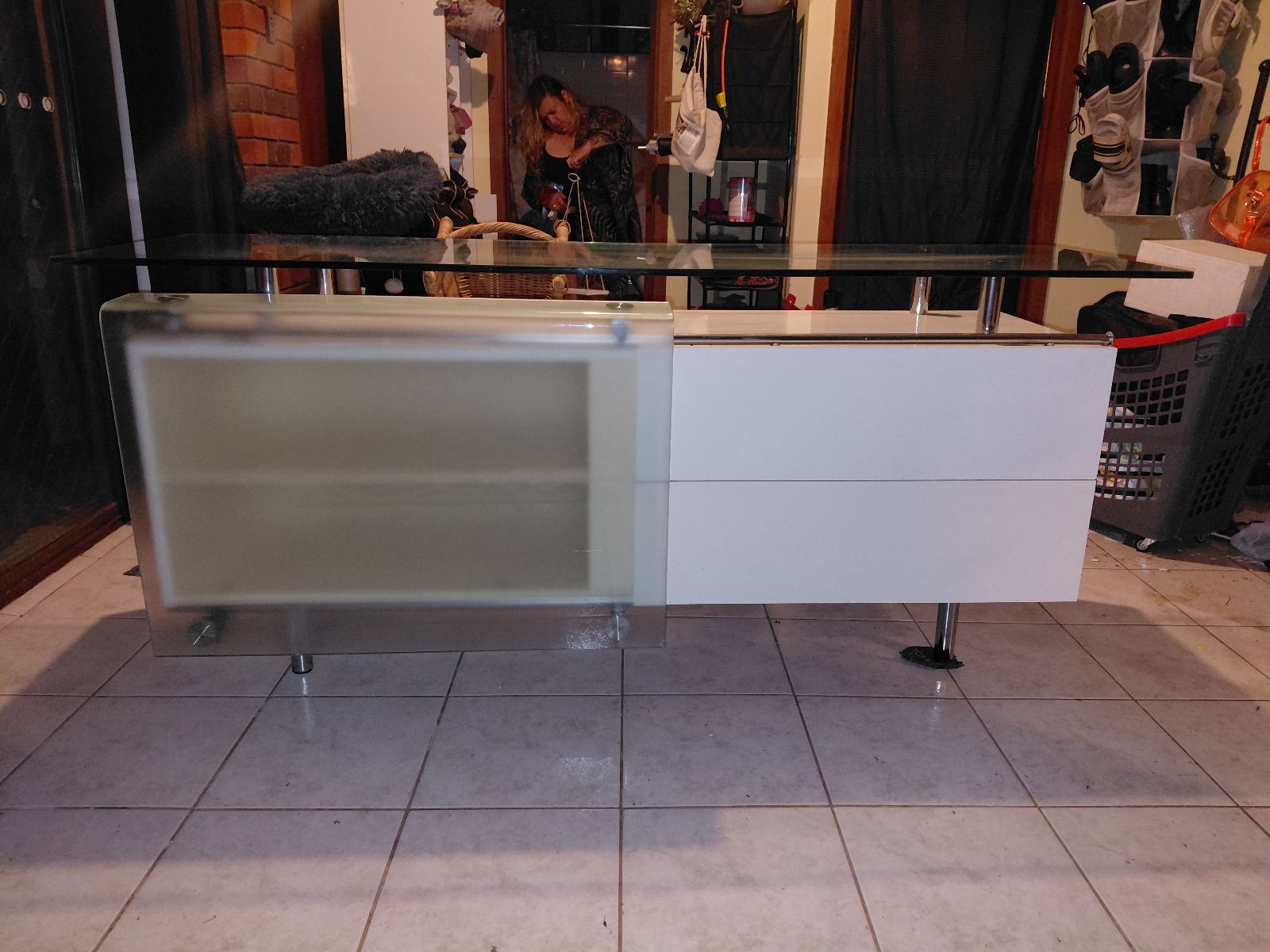 Entertainment unit with 2 large drawers 2 shelves sliding glass front ...