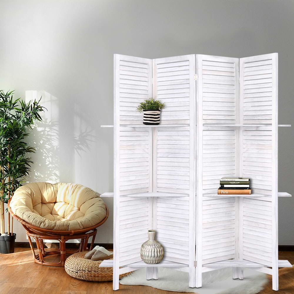 4 Panel Room Divider Screen 163x170cm Shelf White - Other Furniture in ...
