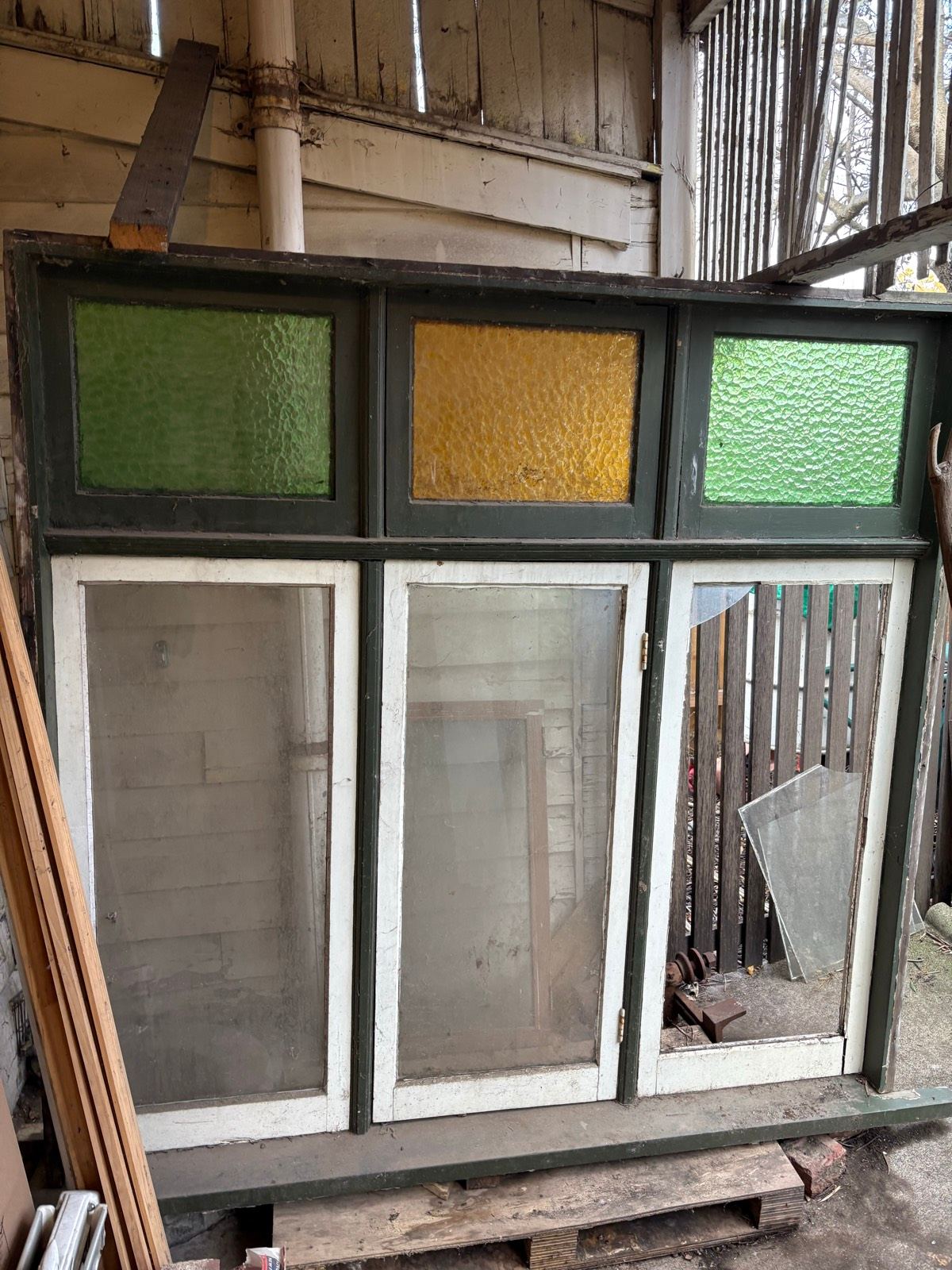 Window - victorian triple casement window with rare coloured glass