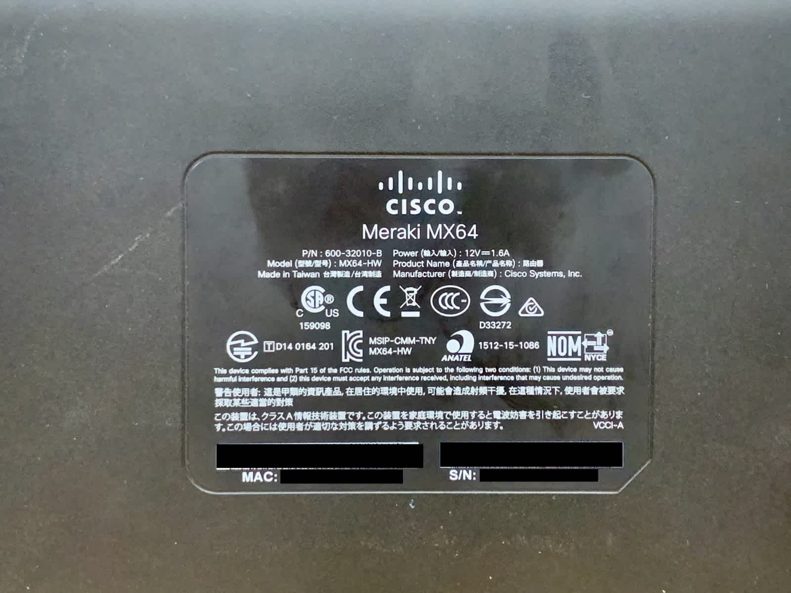 Cisco Meraki MX64 (MX64-HW) 12V Firewall (Unclaimed, No License ...