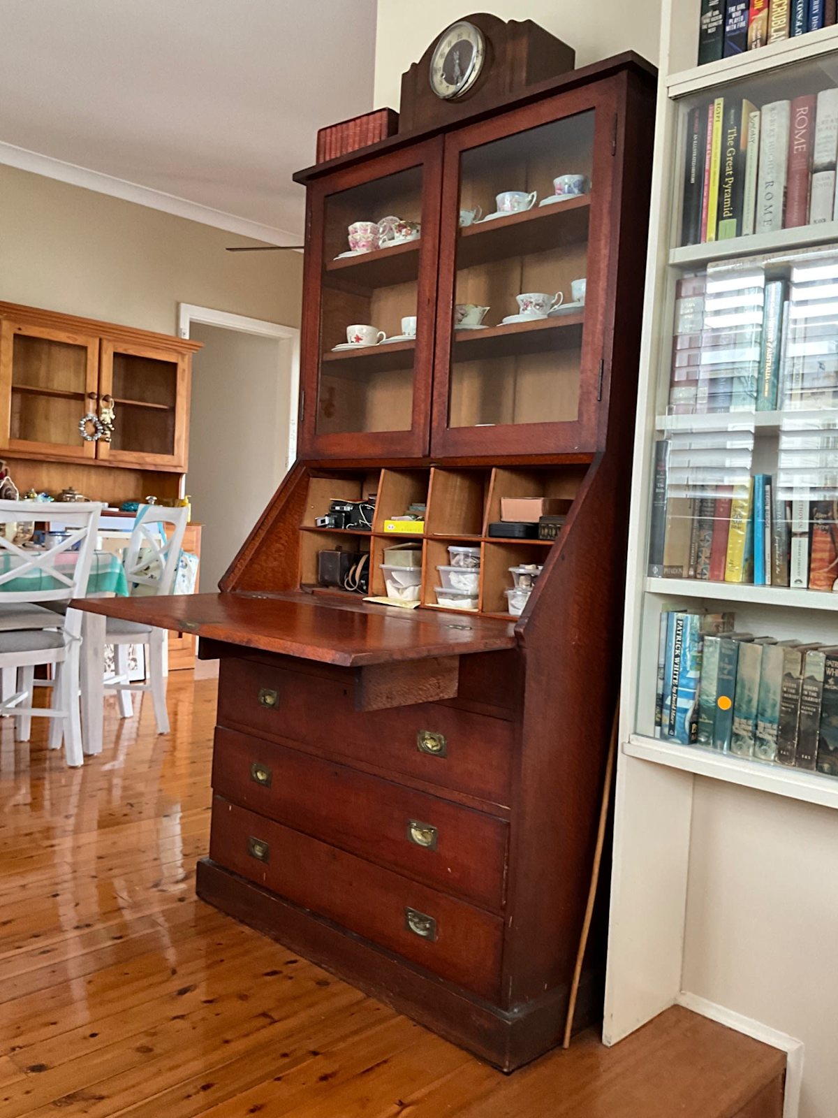 Vintage desk which folds shut and has glass bookcase - Antiques in ...