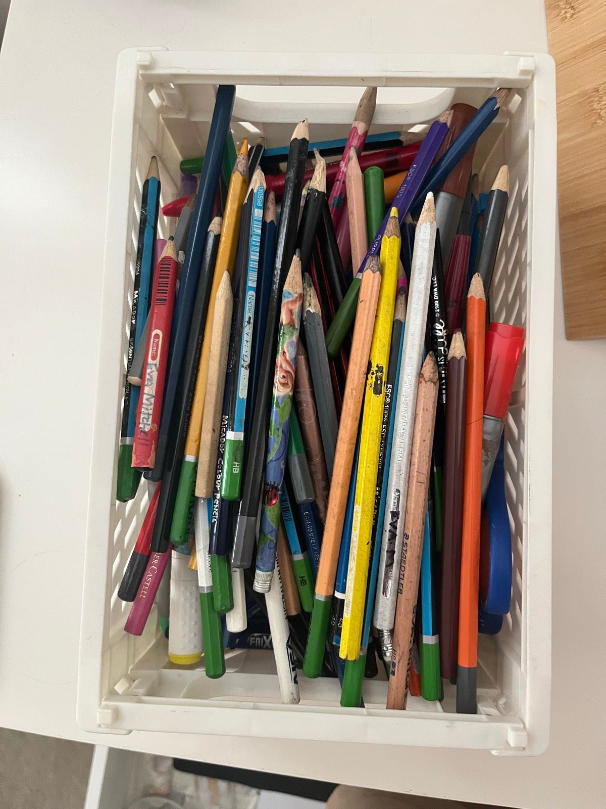 Box of pencils, pens, sharpies, pencil sharpeners, scissors ...