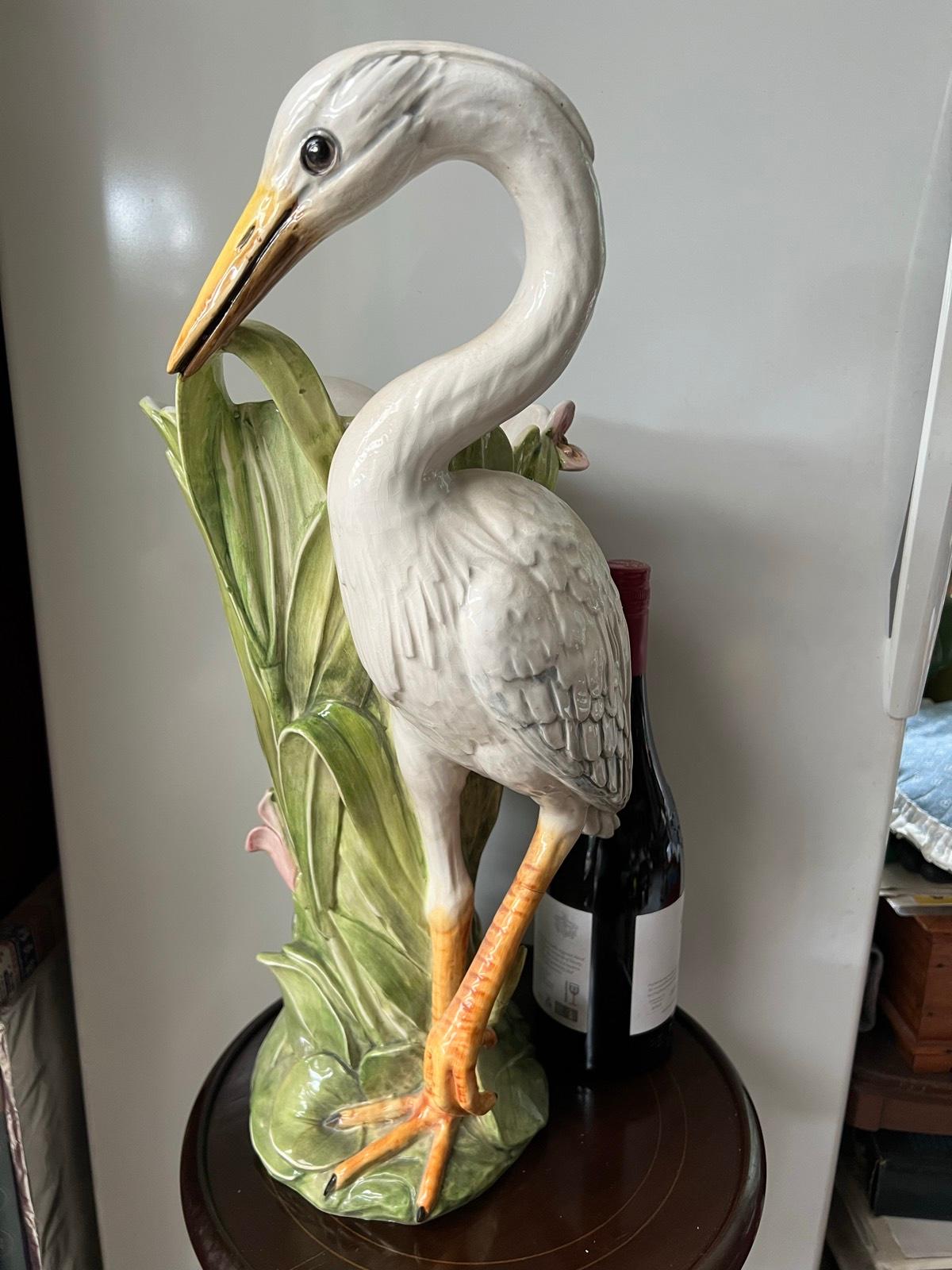 A Italian Majolica Floral Moulded Vase w Heron Marked - Other Antiques ...